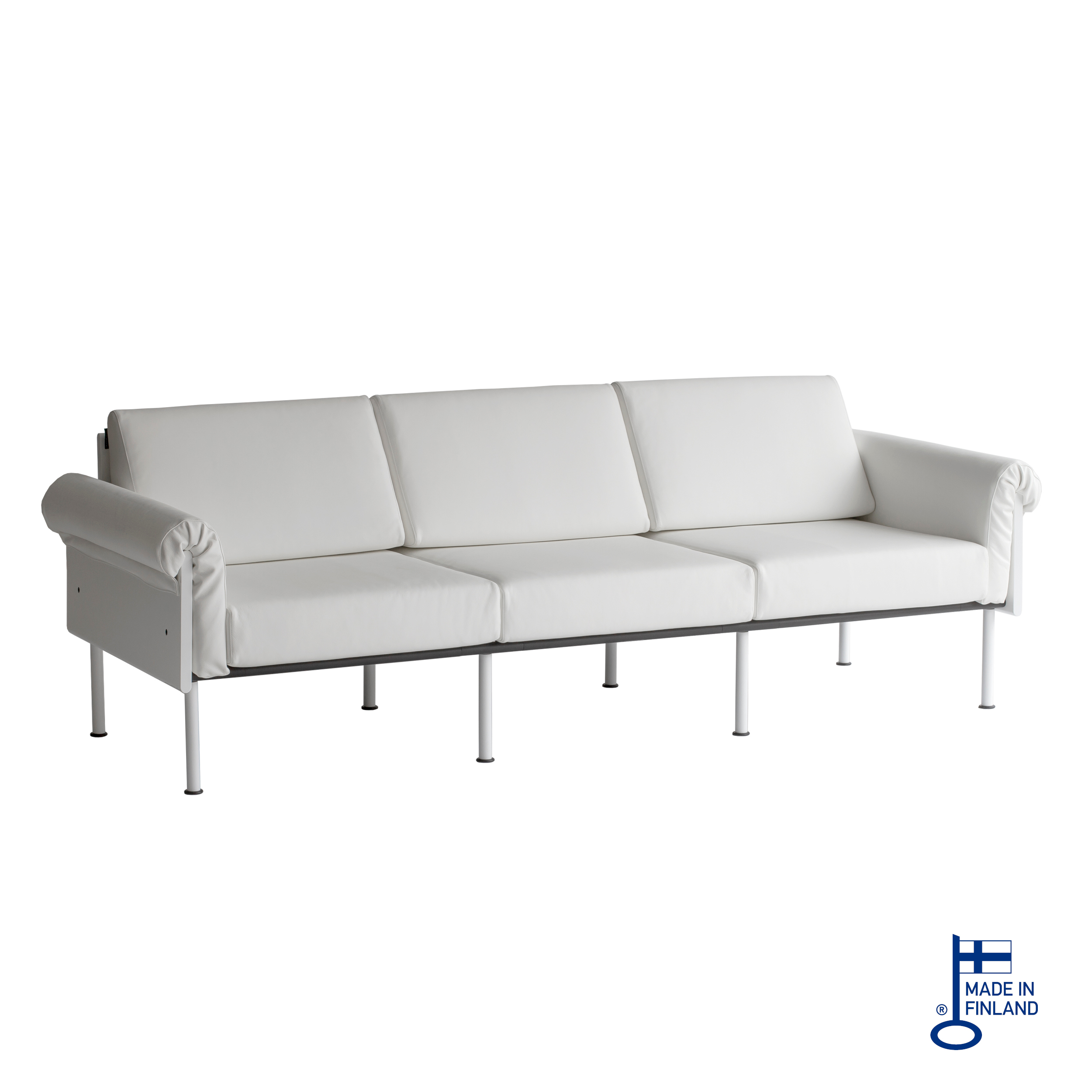 Sohva 3-istuttava valkoinen, valkoinen nahkaverhoilu, valkoiset jalat - Yrjö Kukkapuro